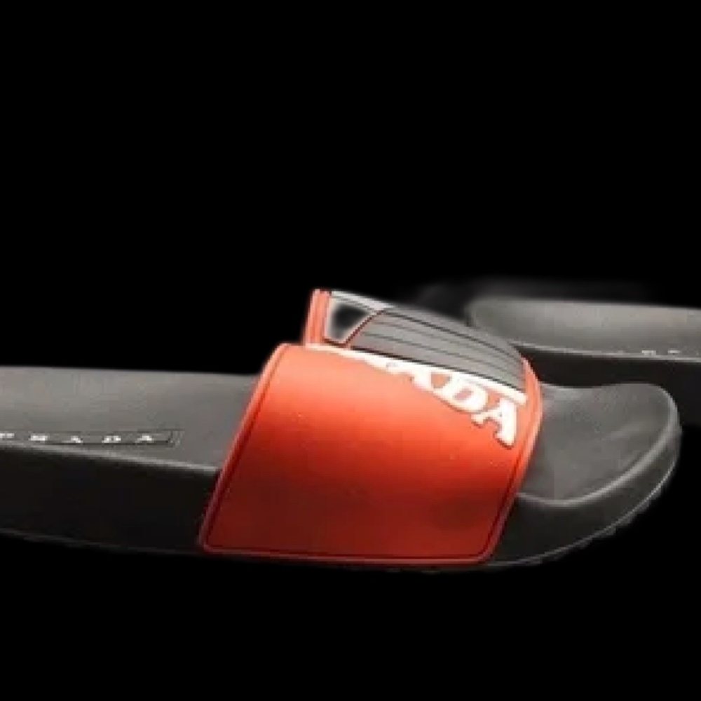 Prada Men's Black-Red Rubber Stripe Logo Sandals Slid… - Gem